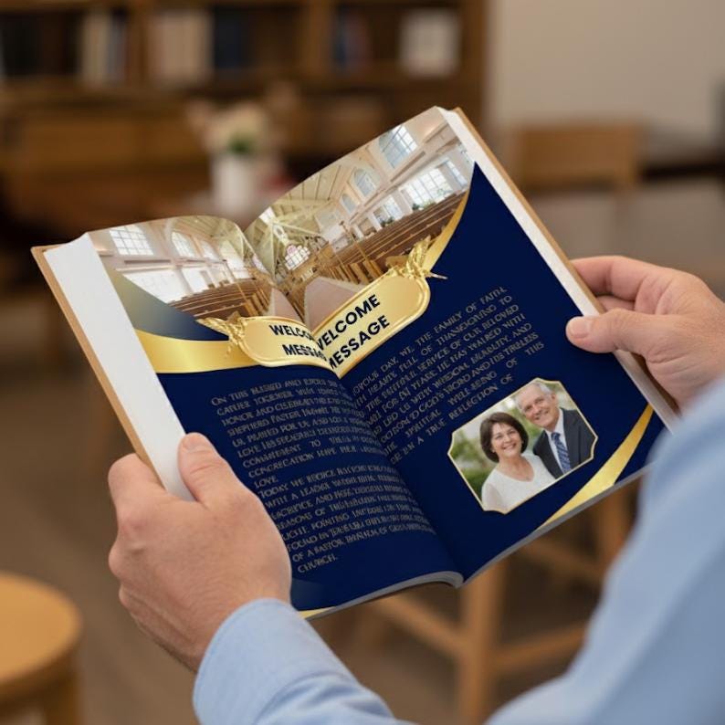 Canva Church Program Template, Blue Gold, Size 11x8.5, 4 Page Bifold ...