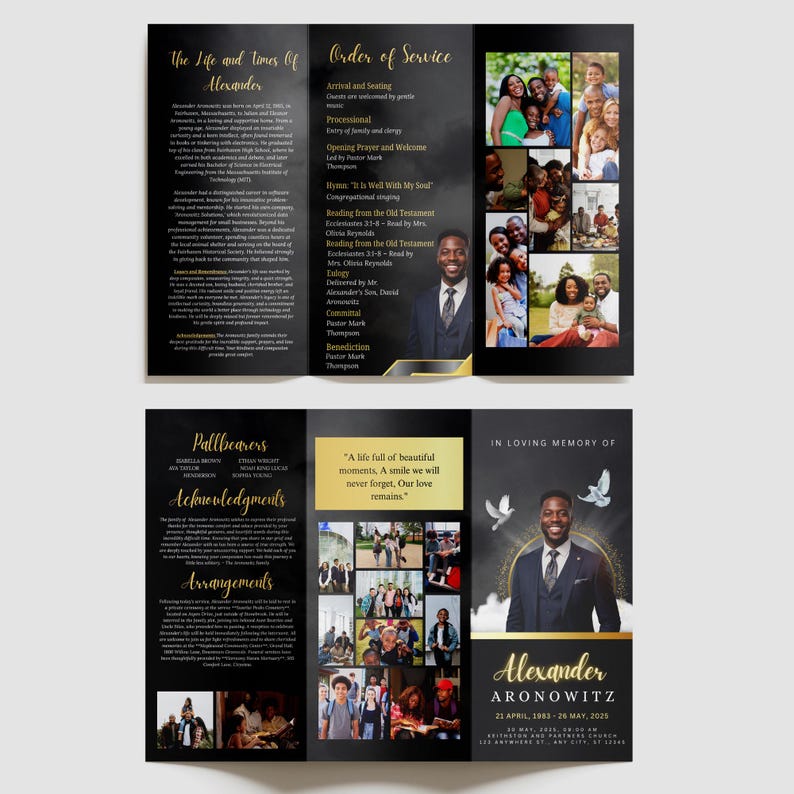 Black and Gold Funeral Program Template: Canva Trifold Obituary ...
