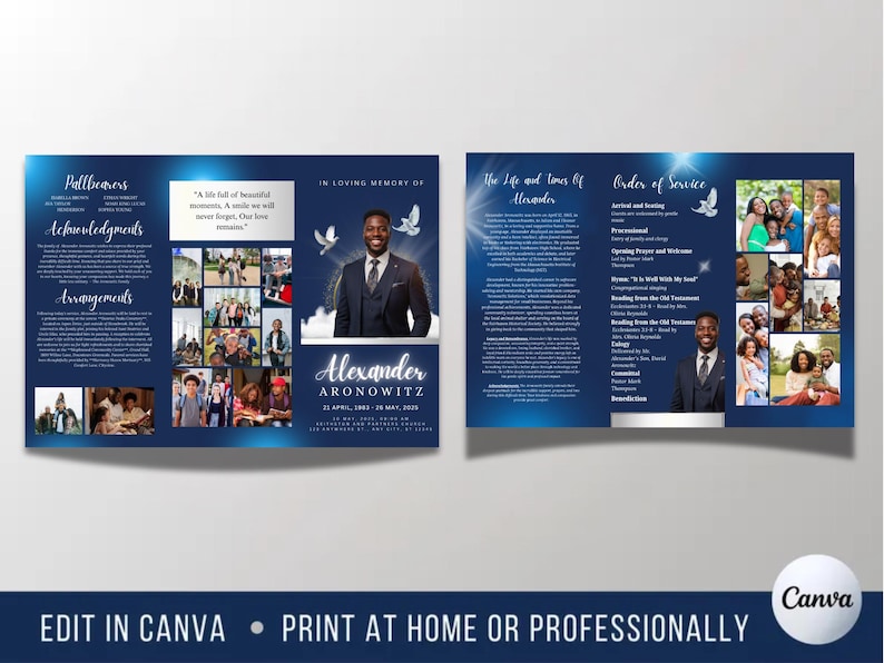 Royal Blue Funeral Program Template, Trifold, Canva Editable (digital ...