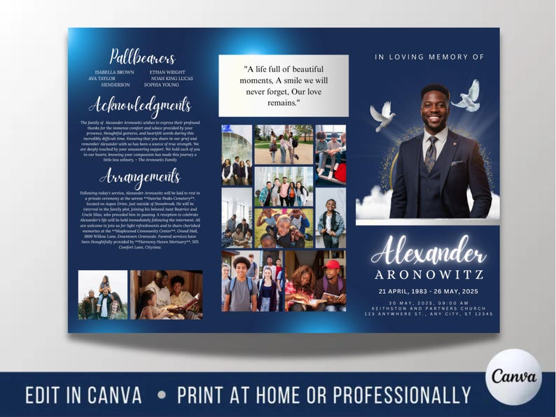 Royal Blue Funeral Program Template, Trifold, Canva Editable (digital ...