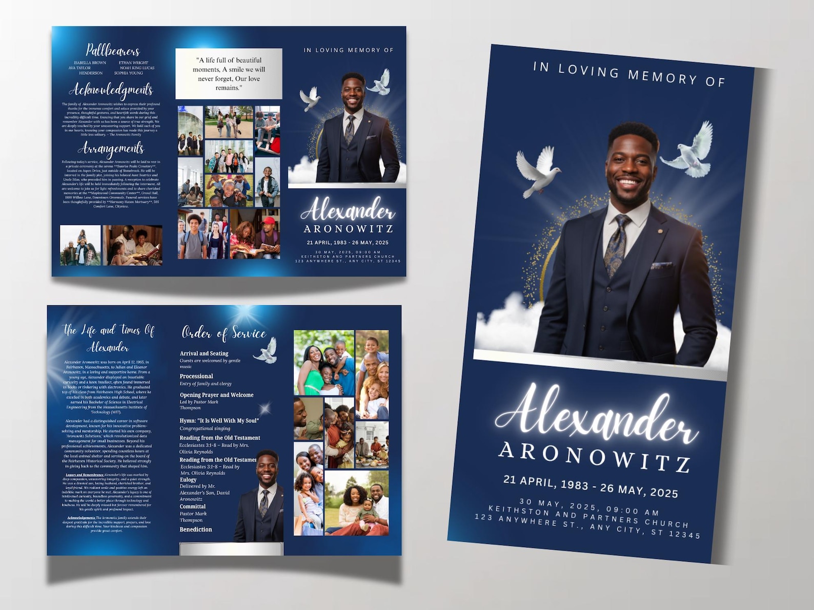 Royal Blue Funeral Program Template, Trifold, Canva Editable (digital ...