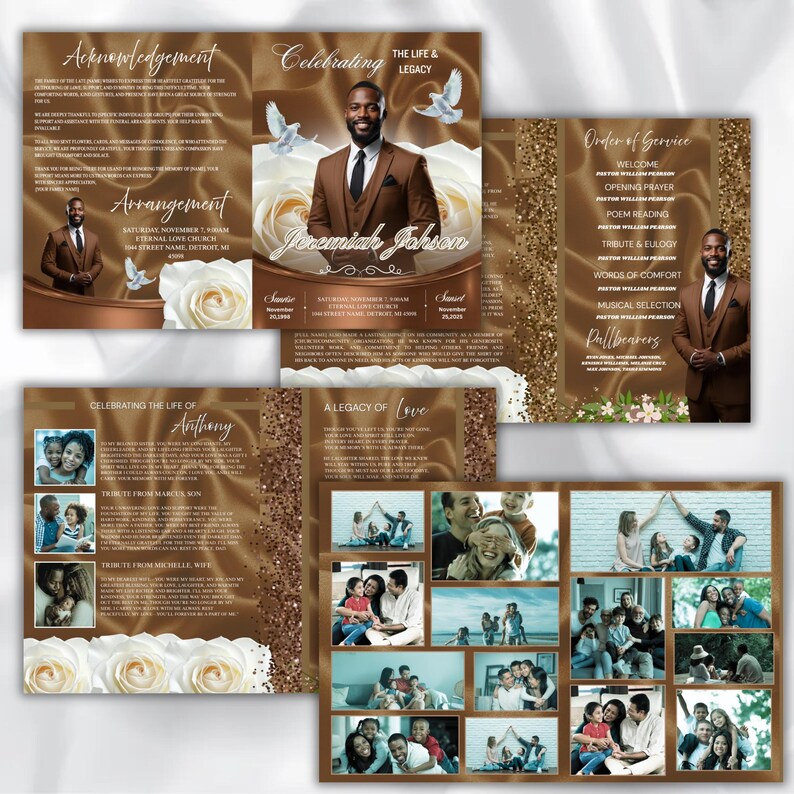 Brown Roses Funeral Program Template: Elegant Memorial (canva PDF) - Etsy