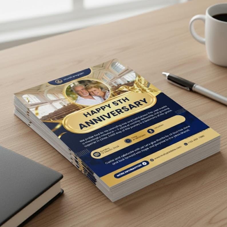 Canva Church Program Template, Blue Gold, Size 11x8.5, 4 Page Bifold ...