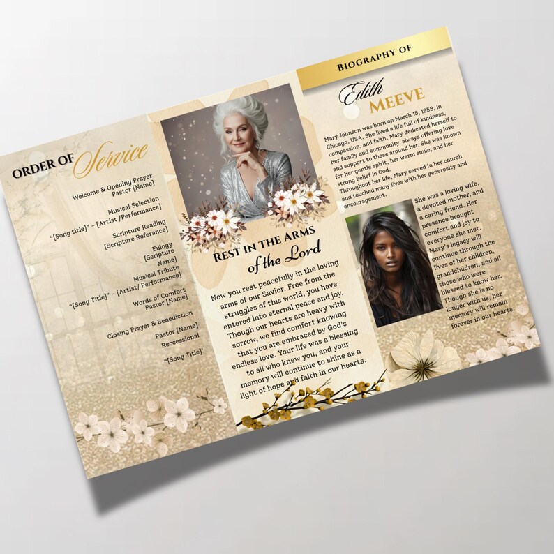 Beige Gold Funeral Program Template for Women: 8-page Memorial Booklet ...