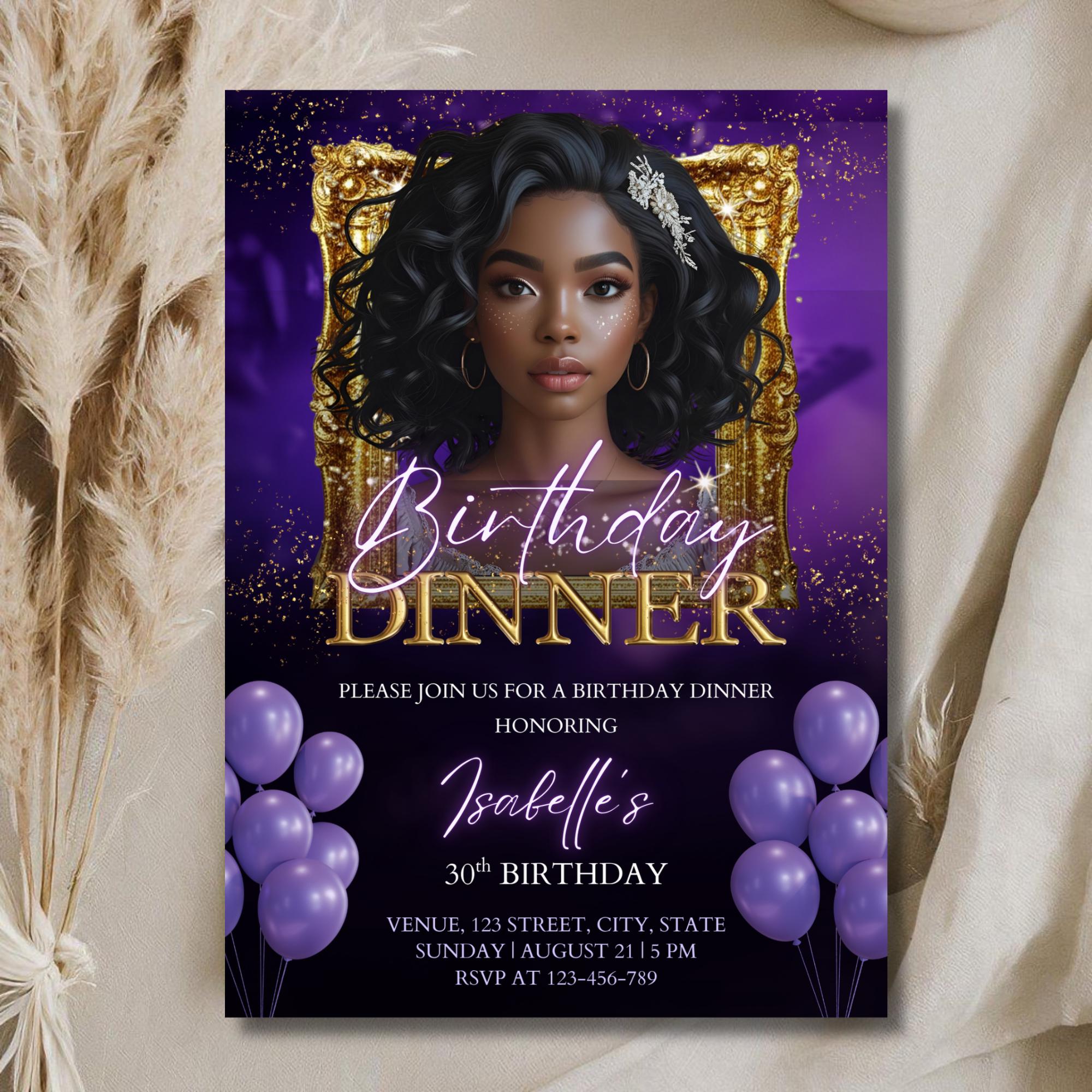 Purple and Gold Birthday Invitation: Editable Photo Party Template - Etsy