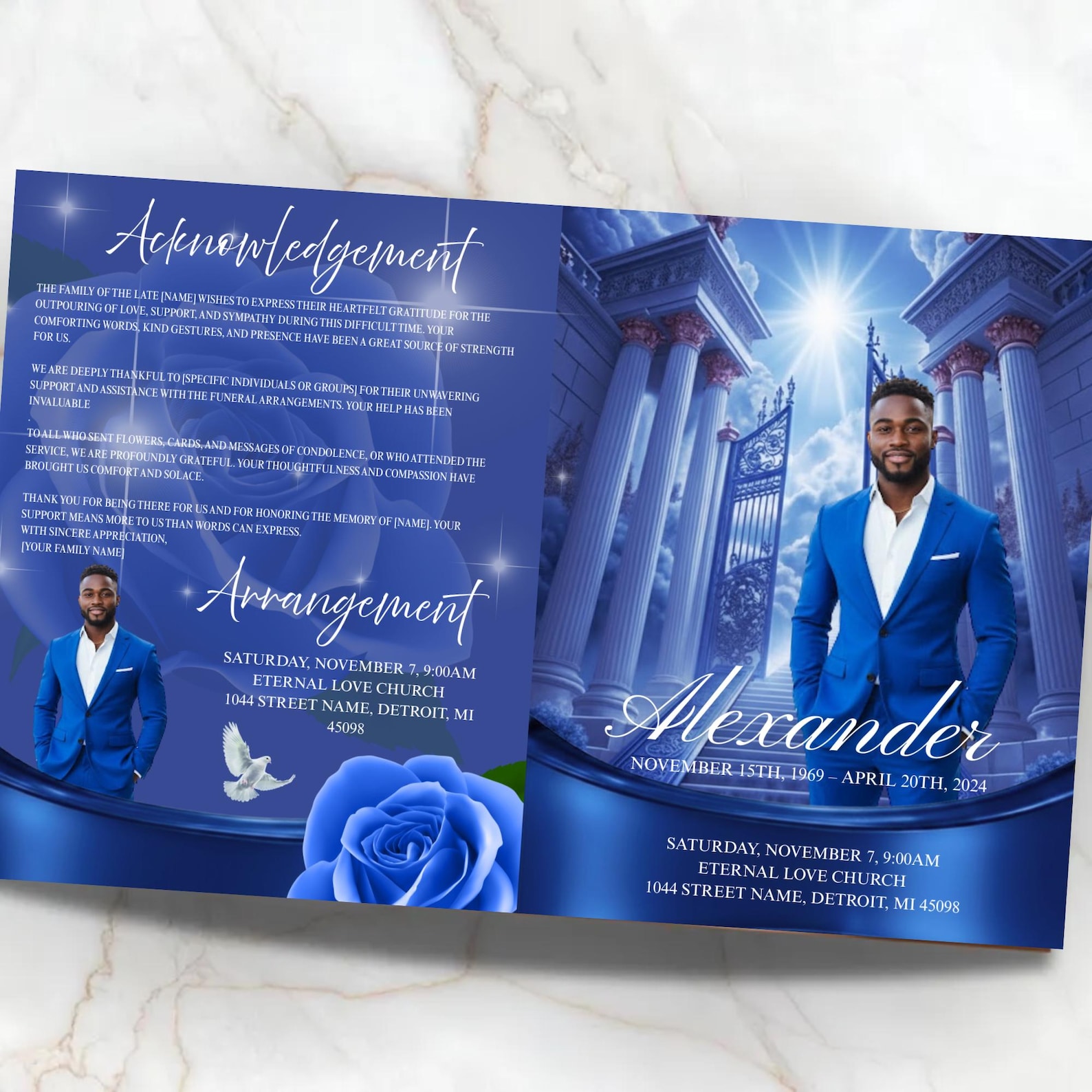 Royal Blue Funeral Program Template, Elegant Memorial (canva) - Etsy