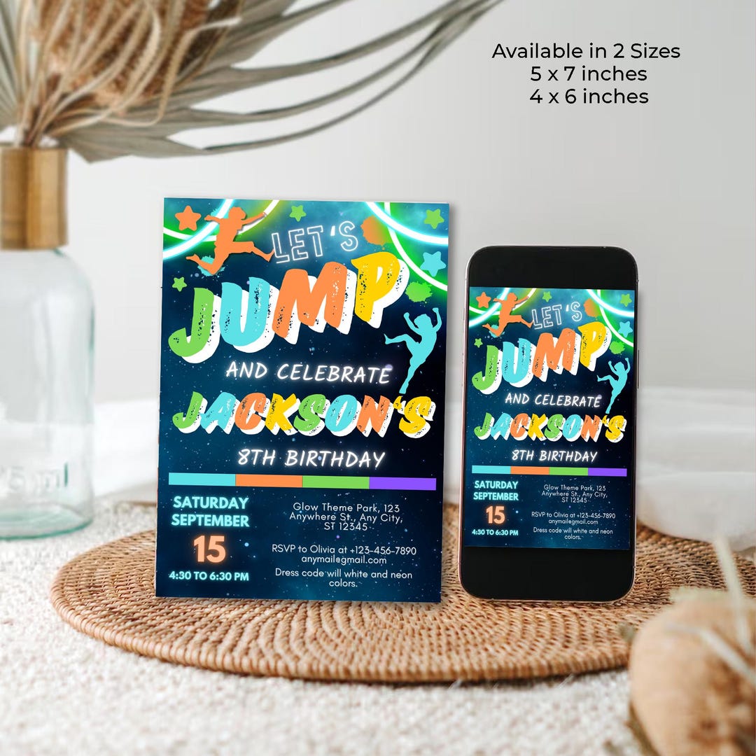 Editable Boys Jump Party Birthday Invitation | Neon Glow Trampoline ...