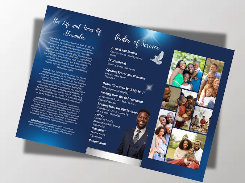Royal Blue Funeral Program Template, Trifold, Canva Editable (digital ...