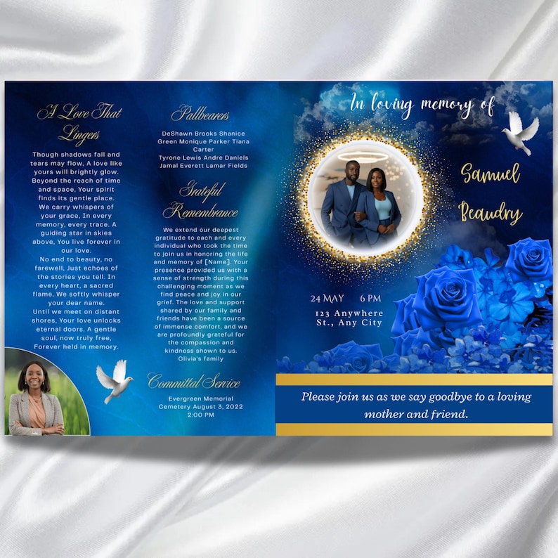 Dark Blue Funeral Program Template: 4-page Memorial Booklet (digital ...