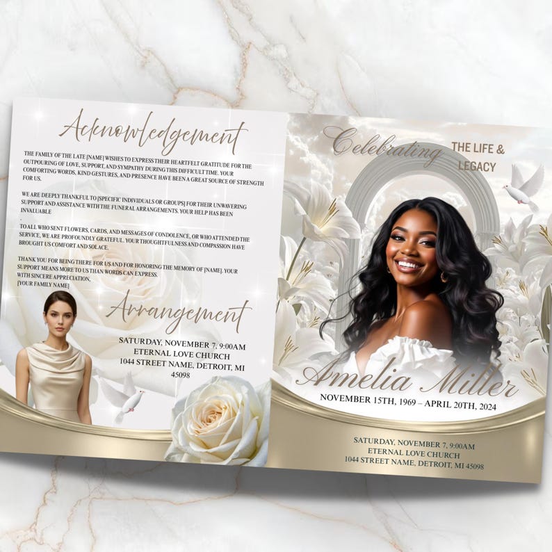 Minimalist Funeral Program Template, White Floral Memorial (canva ...