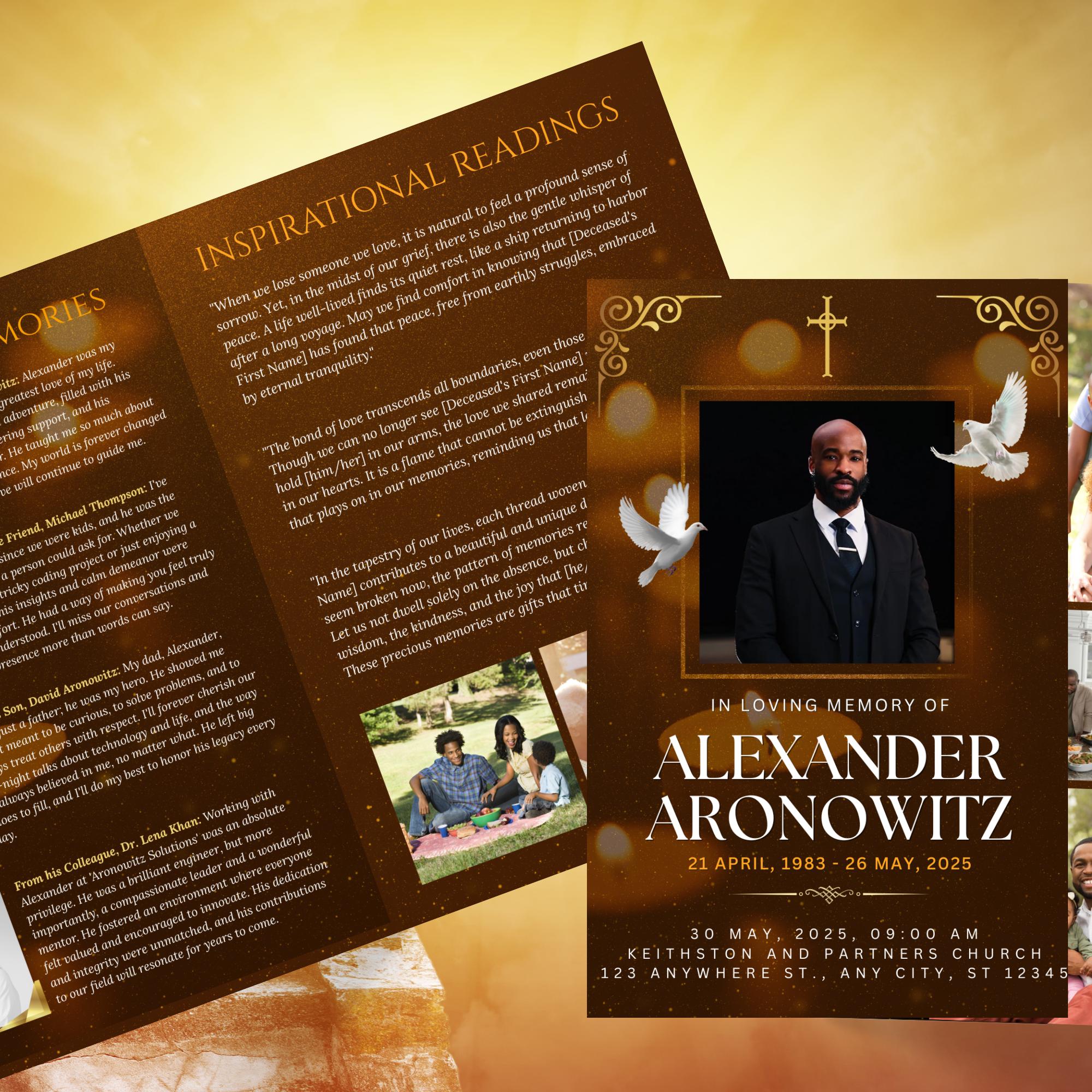 Elegant Funeral Program Obituary Template: Golden Brown Bifold (canva ...