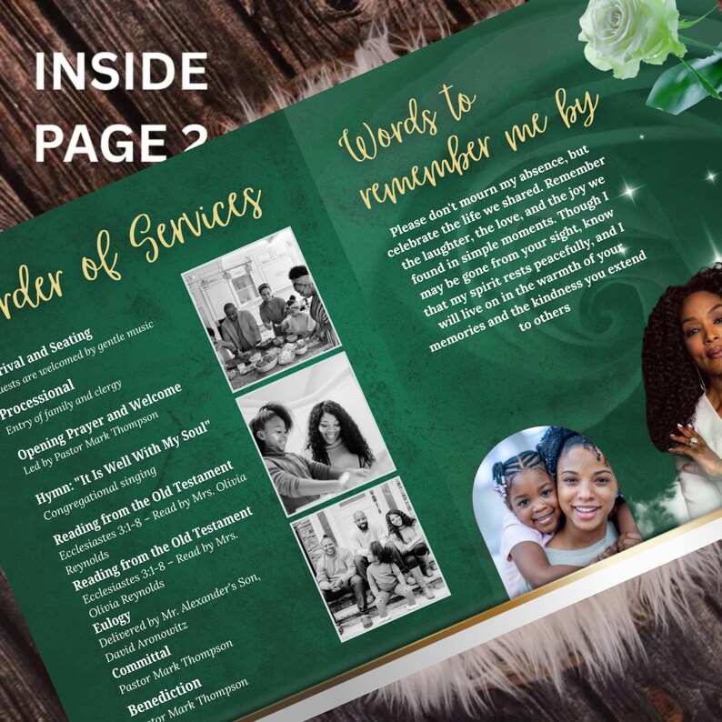 Elegant Green & Gold Funeral Program Template: 8-page Memorial (digital ...