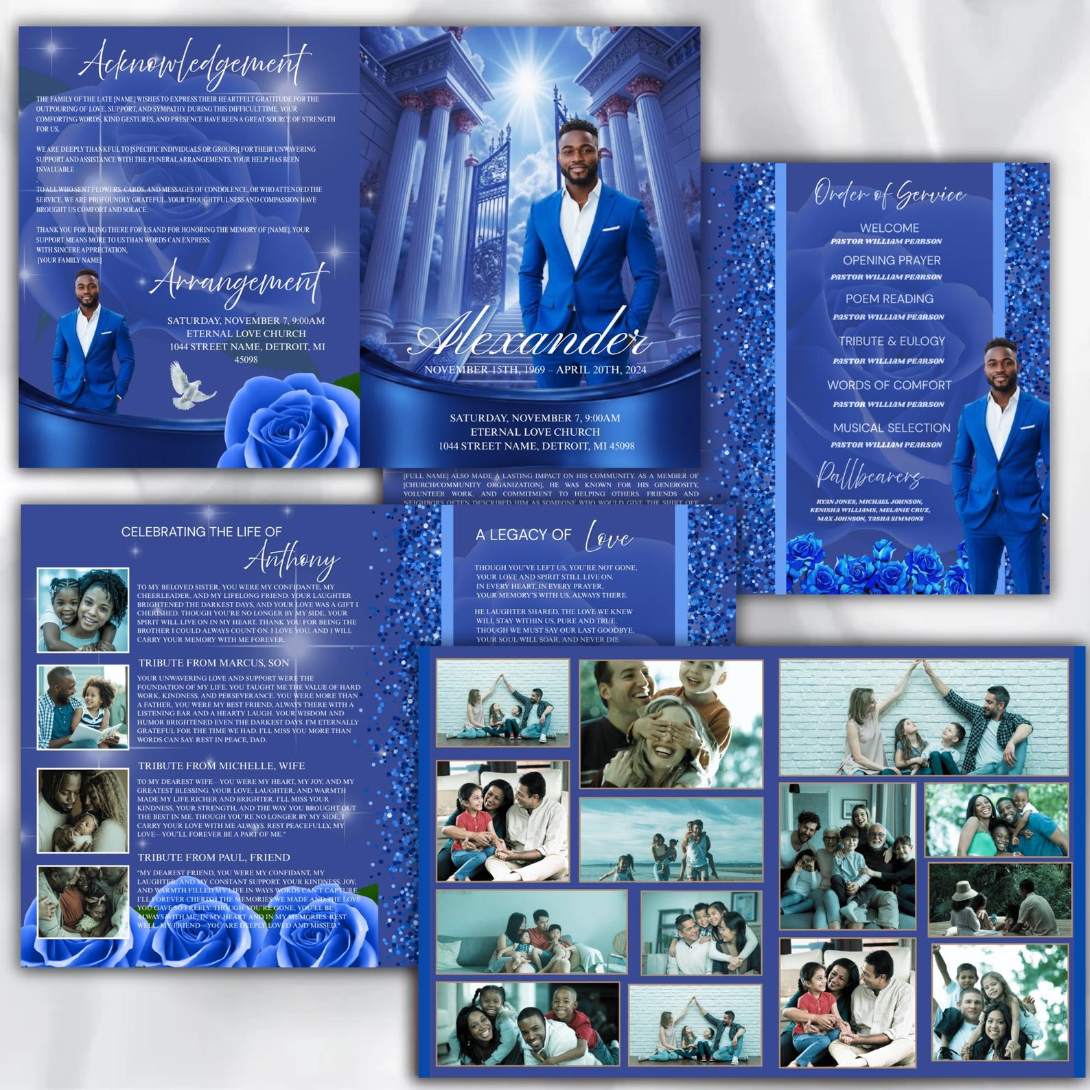 Royal Blue Funeral Program Template, Elegant Memorial (canva) - Etsy