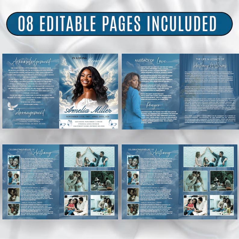 Sky Funeral Program Template, Bi-fold Obituary (canva Editable, 8 Page ...