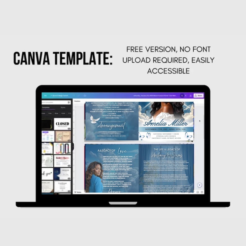 Sky Funeral Program Template, Bi-fold Obituary (canva Editable, 8 Page ...