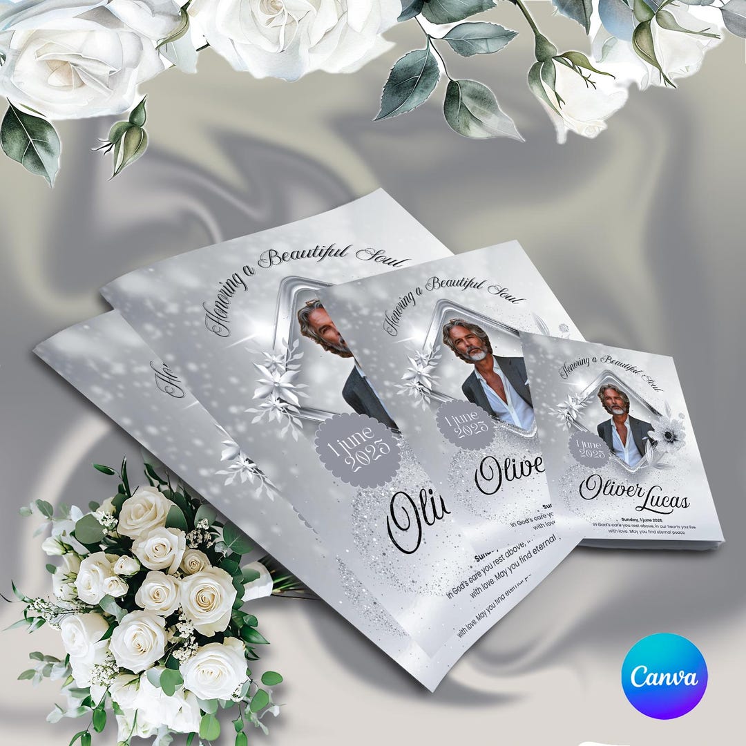 8 Page White Diamond Funeral Template, 8.5x11" Modern Obituary Program ...