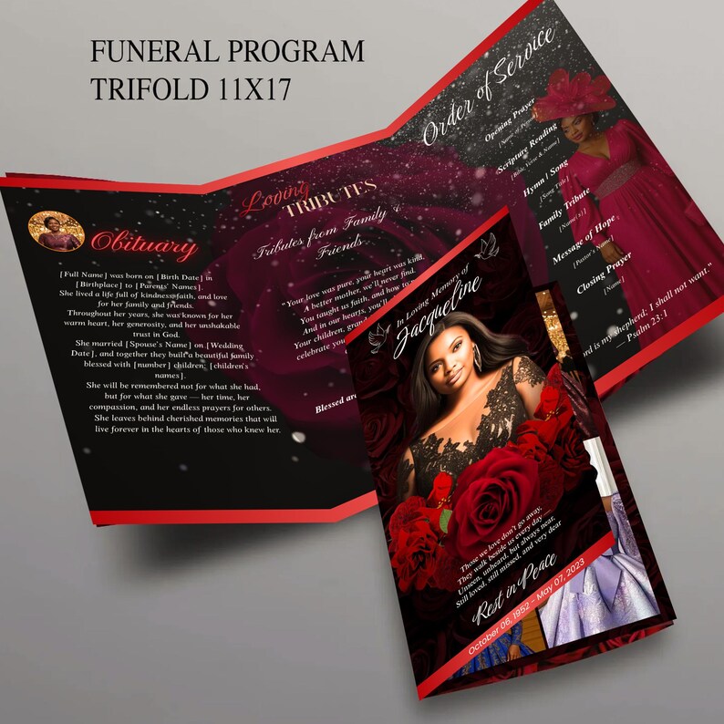 Plantilla tríptico funerario Rosa Roja, Celebración de la Vida ...