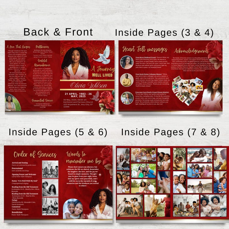 Maroon Red Funeral Program Template: 8-page Memorial Booklet (digital ...