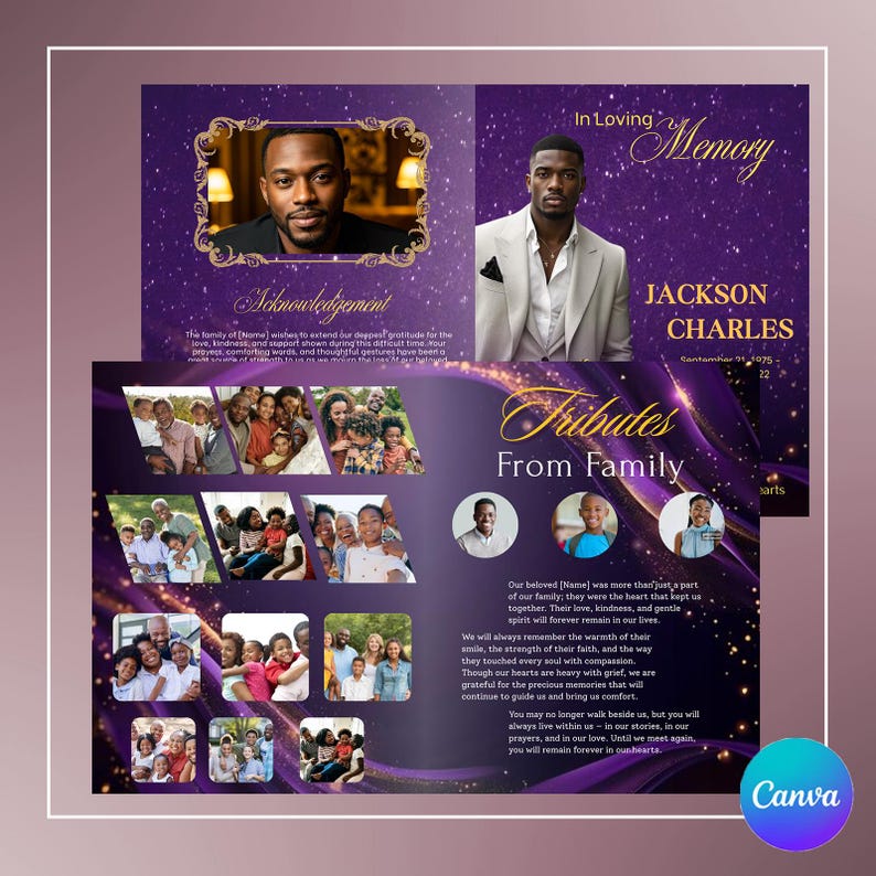 Purple Funeral Program Template: Editable Memorial Design (digital ...