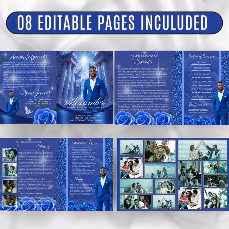 Royal Blue Funeral Program Template, Elegant Memorial (canva) - Etsy