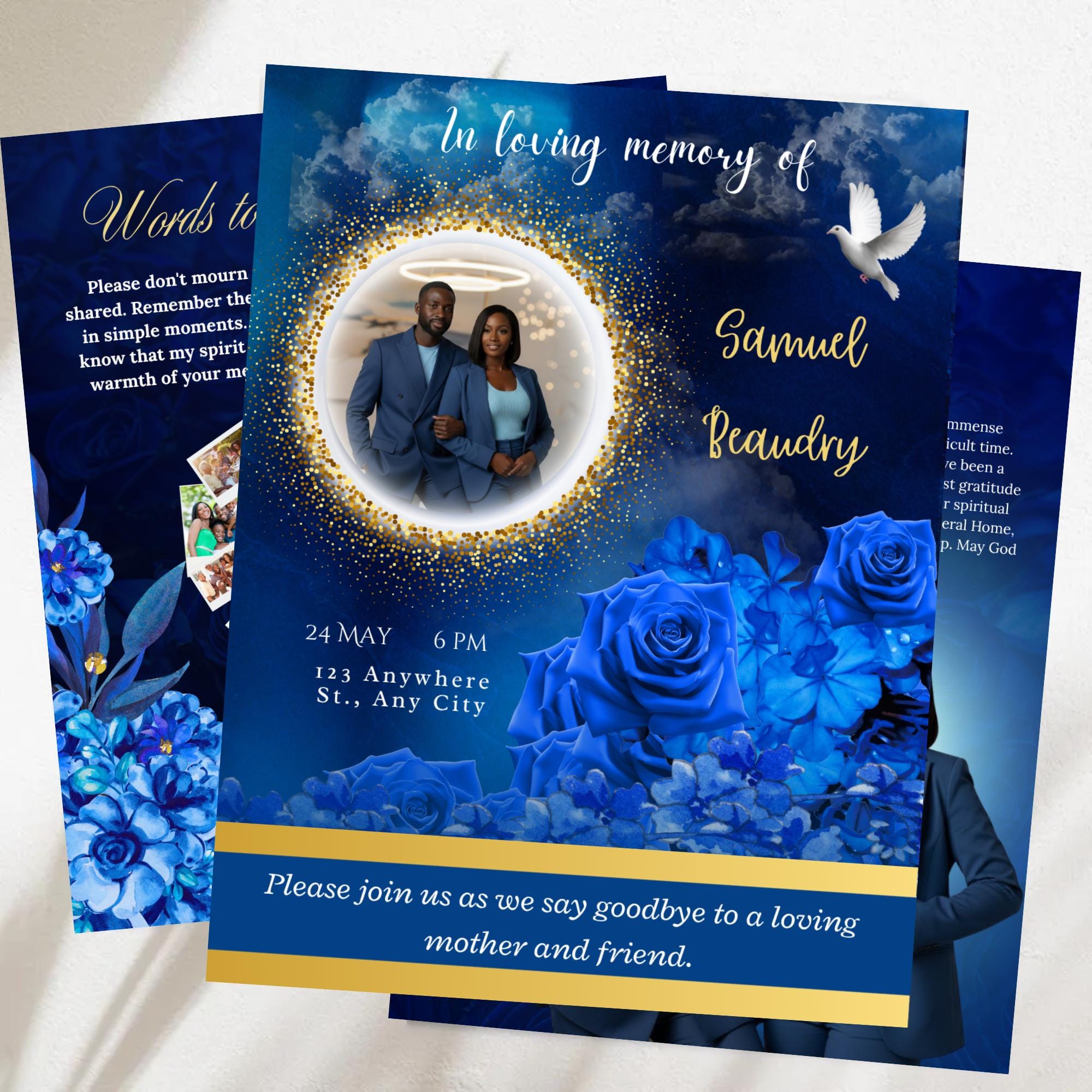 Dark Blue Funeral Program Template: 4-page Memorial Booklet (digital ...