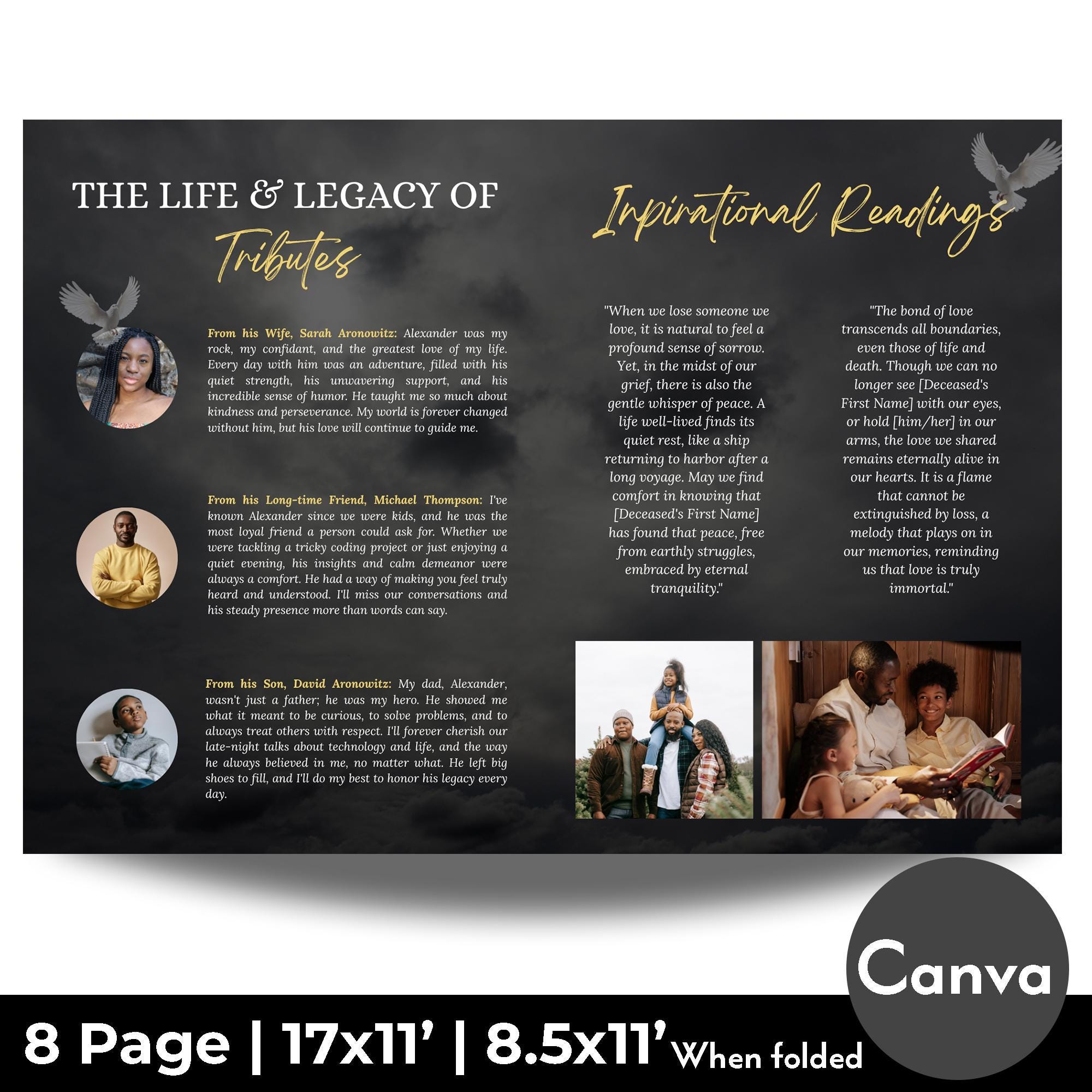 Elegant Black & Gold Funeral Program Template: Bi-fold Memorial ...