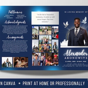 Royal Blue Funeral Program Template, Trifold, Canva Editable (digital ...