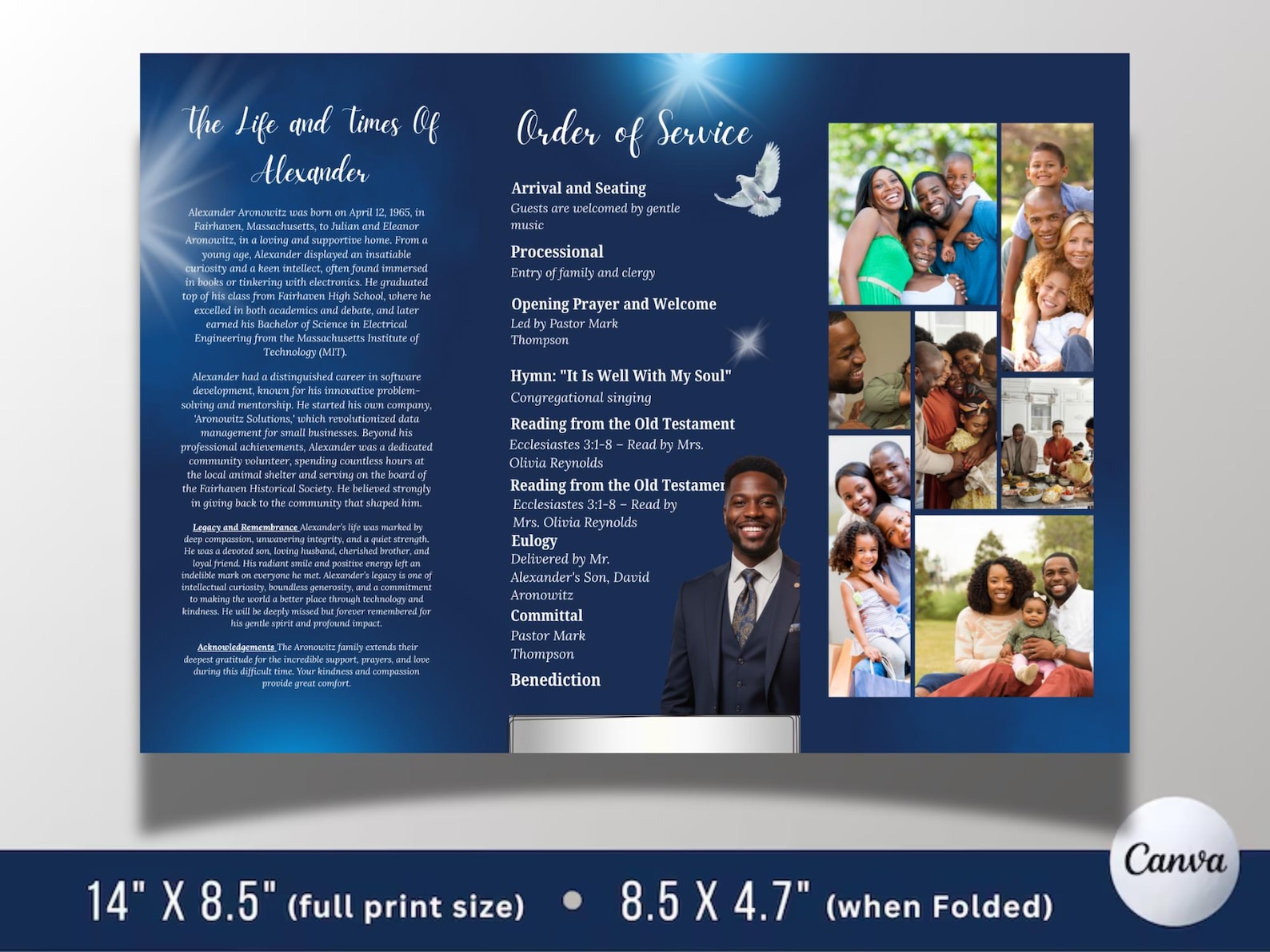 Royal Blue Funeral Program Template, Trifold, Canva Editable (digital ...
