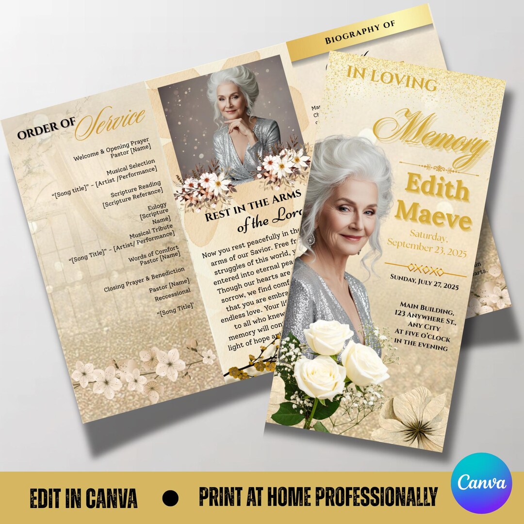 Beige Gold Funeral Program Template for Women: 8-page Memorial Booklet ...