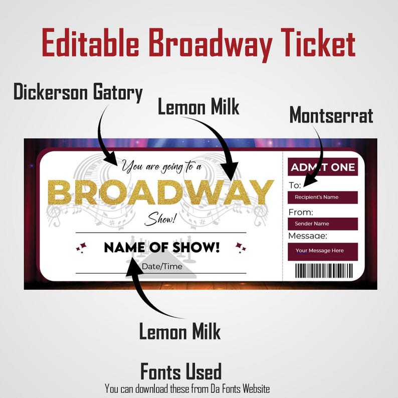 Broadway Show Ticket Printable: Editable Musical Theatre Gift (digital ...