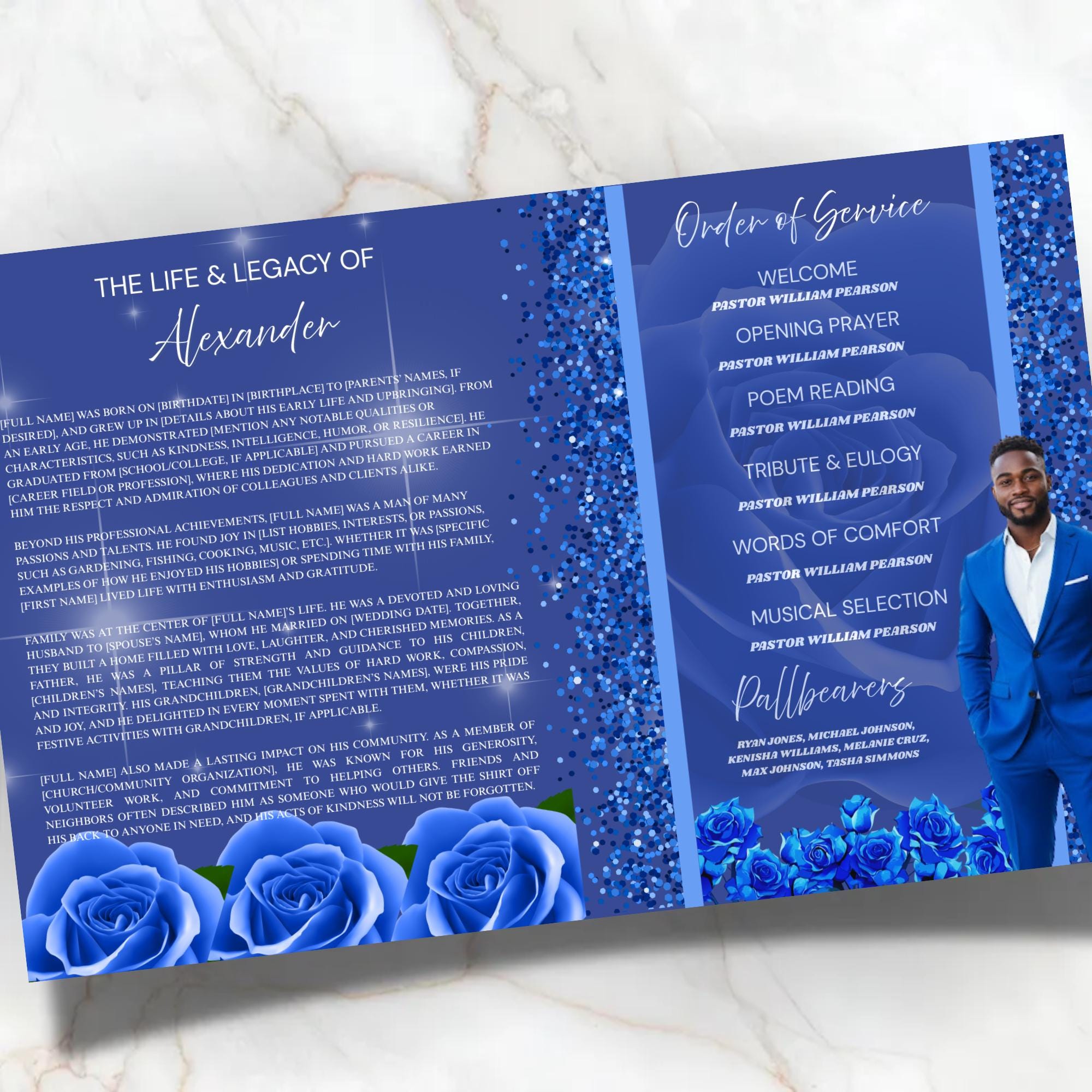 Royal Blue Funeral Program Template, Elegant Memorial (canva) - Etsy