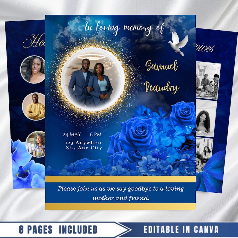 Dark Blue Funeral Program Template: 4-page Memorial Booklet (digital ...