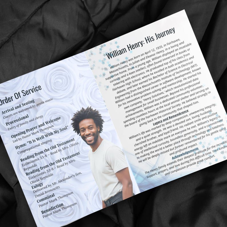 Blue Roses Funeral Program Template: Elegant Memorial Obituary (8.5x11 ...