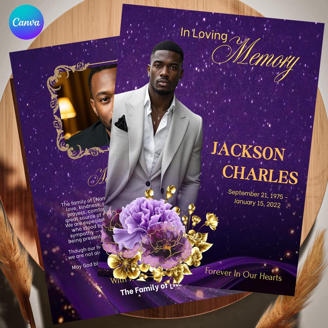 Purple Funeral Program Template: Editable Memorial Design (digital ...