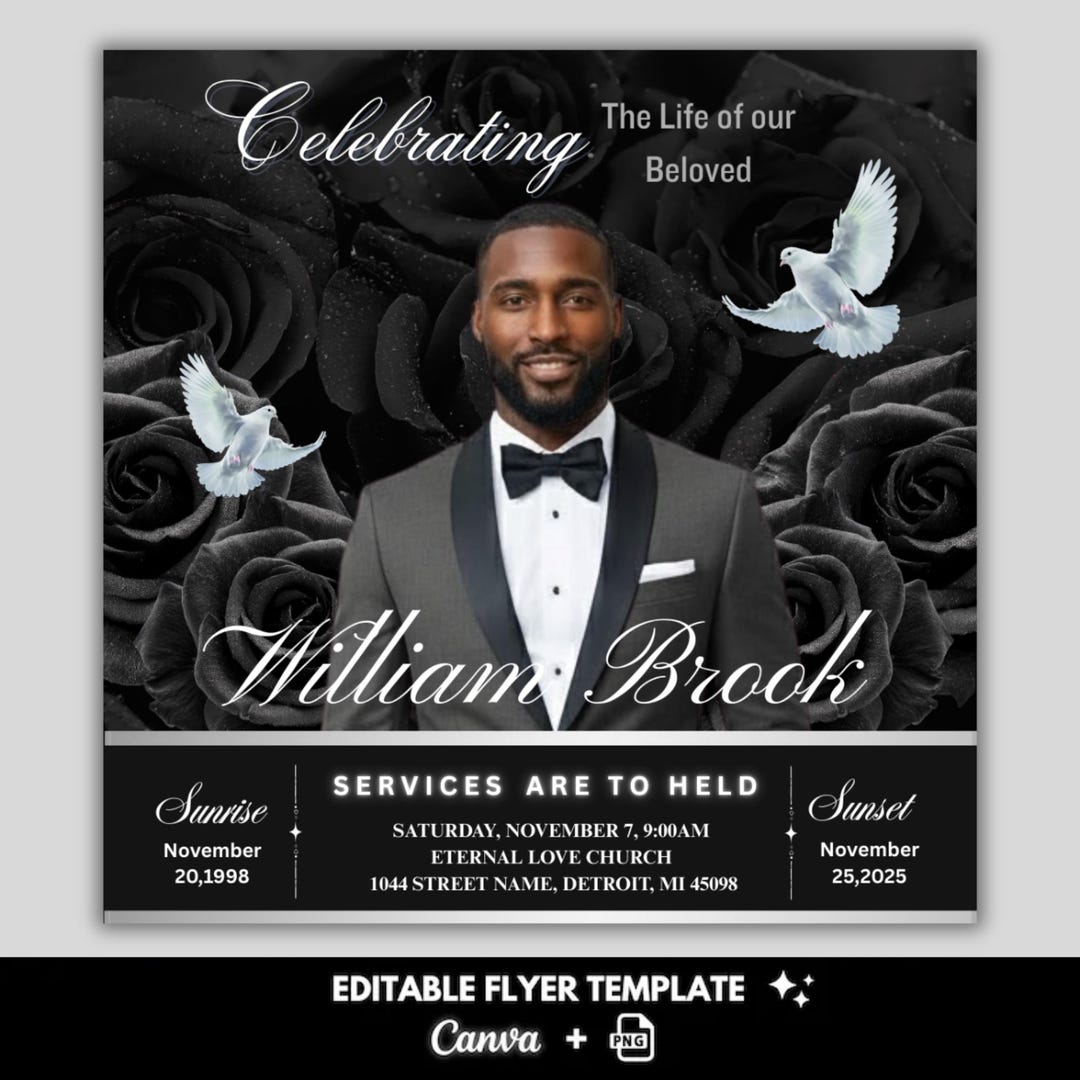 Black Rose Funeral Announcement Flyer, Celebration of Life Template ...