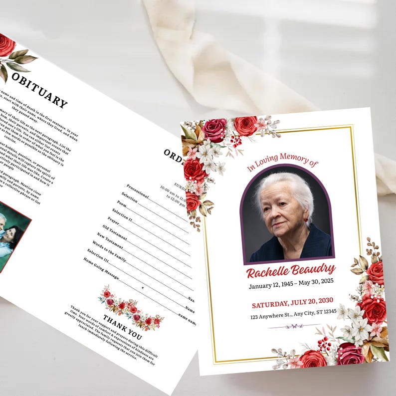 Red Roses Funeral Program Template | Burgundy Floral Memorial (digital ...