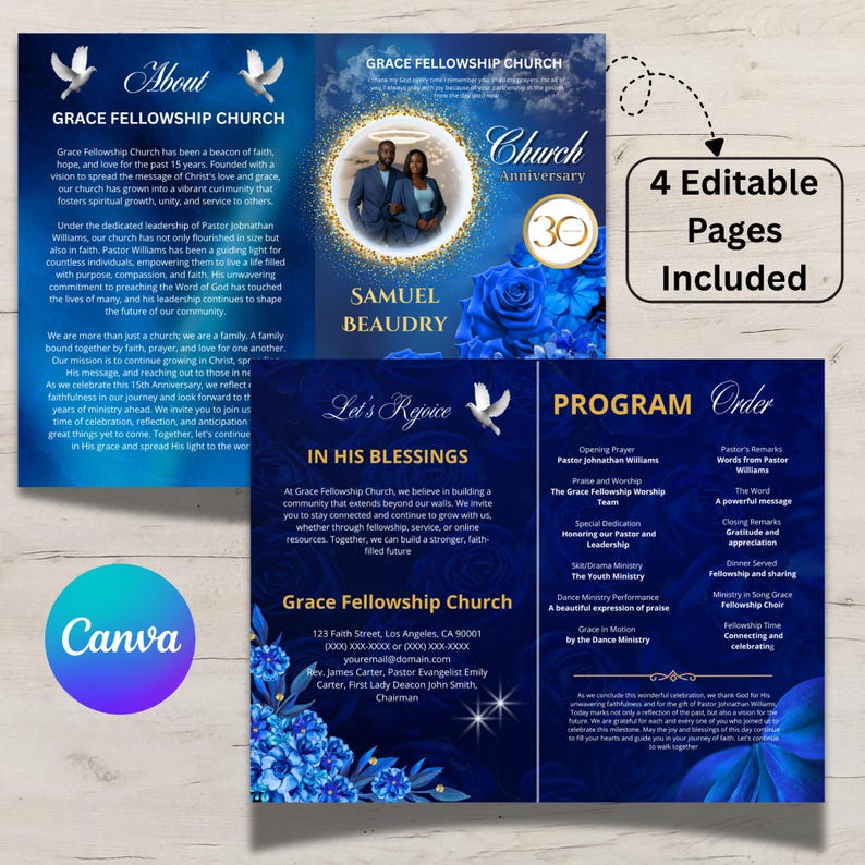 Church Anniversary Program Template, Editable Canva Brochure (digital ...