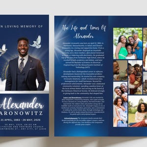Royal Blue Funeral Program Template, Trifold, Canva Editable (digital ...