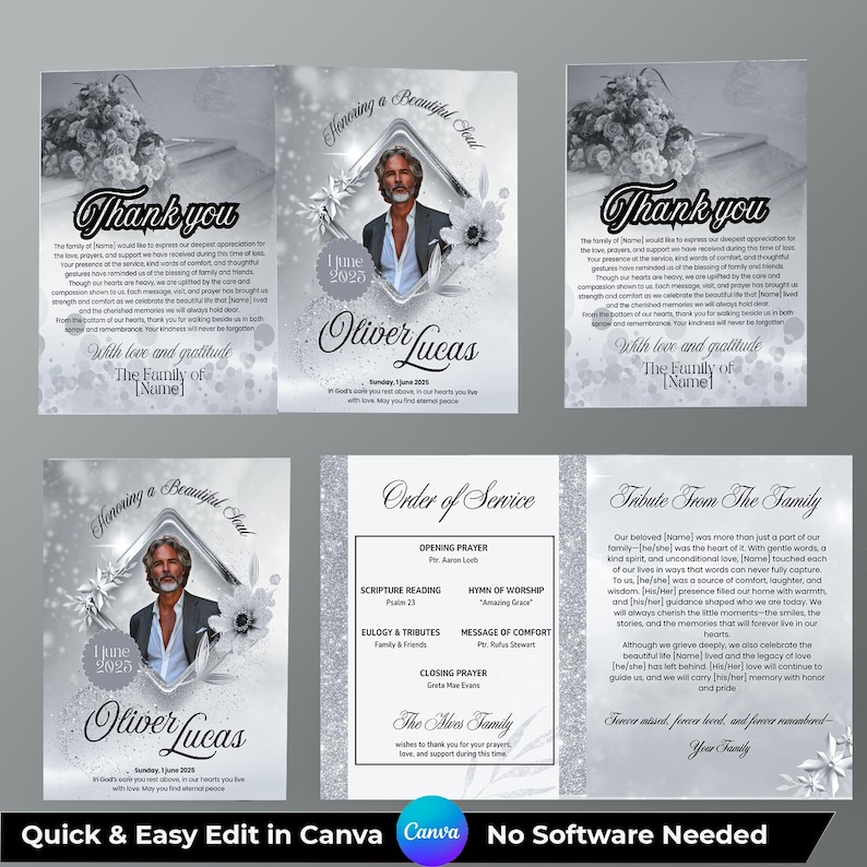 White Diamond Floral Funeral Program Template: Elegant Memorial (8.5x11 ...