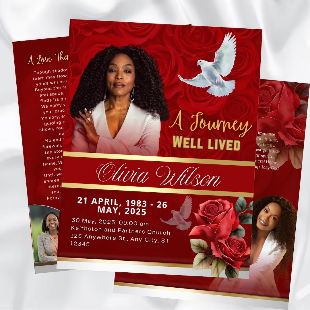 Maroon Red Funeral Program Template: 8-page Memorial Booklet (digital ...