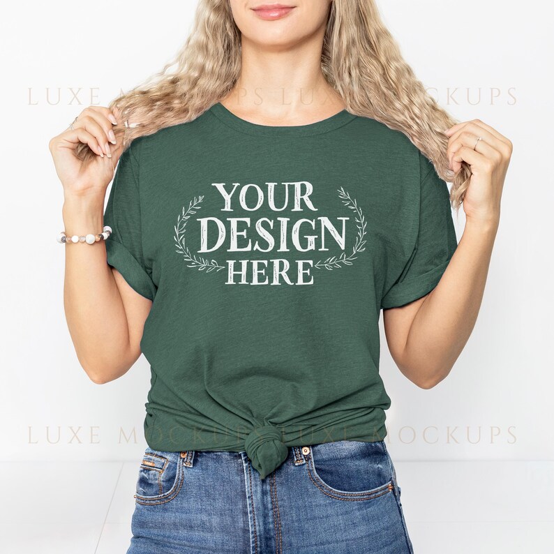 Bella Canvas 3001 Mockup | Heather Forest T-shirt on Female Model ...
