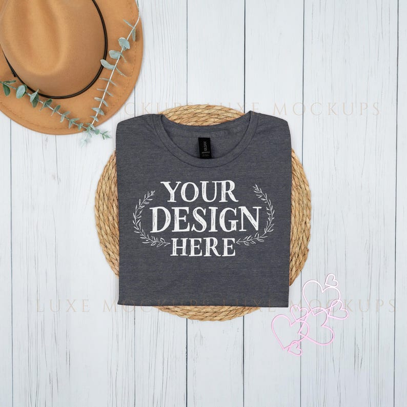 Gildan 64000 Dark Heather T-shirt Mockup | Valentine's Day Flat Lay ...