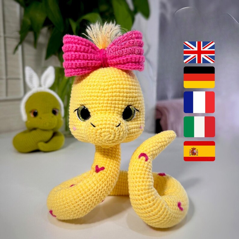 Crochet Snake PDF Pattern: Yellow Amigurumi Reptile With Pink Bow ...