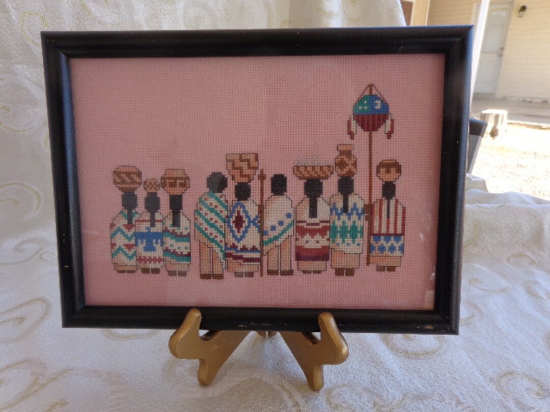 HOPI BASKET DANCERS Hand Made - 8 1/2" X 11 1/2" Framed Needlepoint of ...