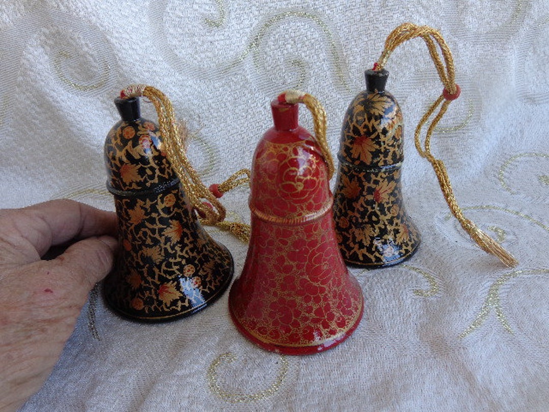 3 WOOD BELL ORNAMENTS - Wooden Hand Painted Bell Christmas Ornament Set ...