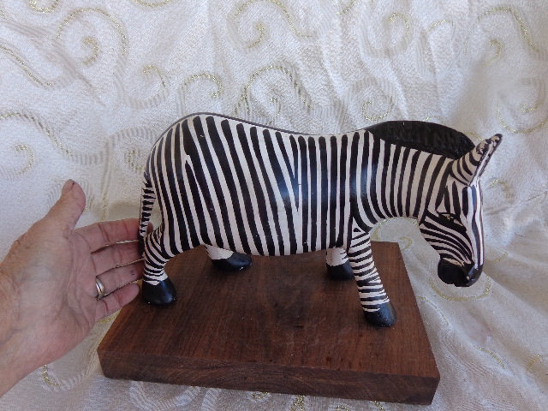 CARVED WOOD ZEBRA Figurine - 6"h X 11 1/2"l X 5"w - Hand Carved and ...