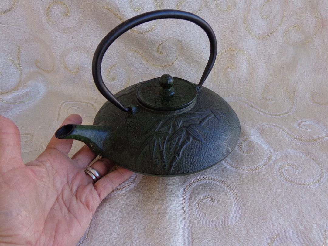 CAST IRON TEAPOT Decorative Low Profile Teapot - 9" Long - Bamboo ...
