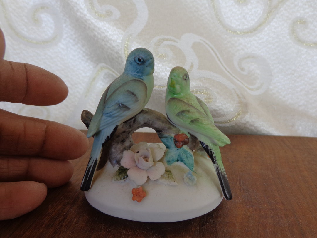 TWO PARAKEETS FIGURE - Porcelain Hand Painted Parakeets on Footed Stand ...