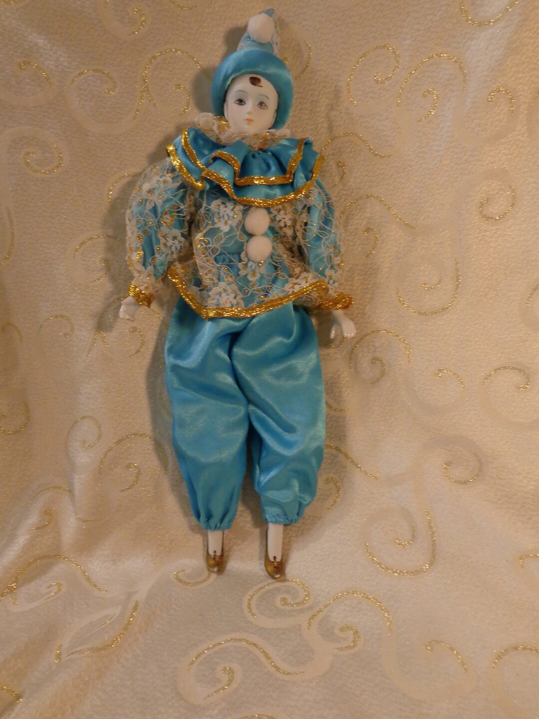 PORCELAIN CLOWN DOLL 20 Bisque Porcelain Clown Doll in Blue, White and ...