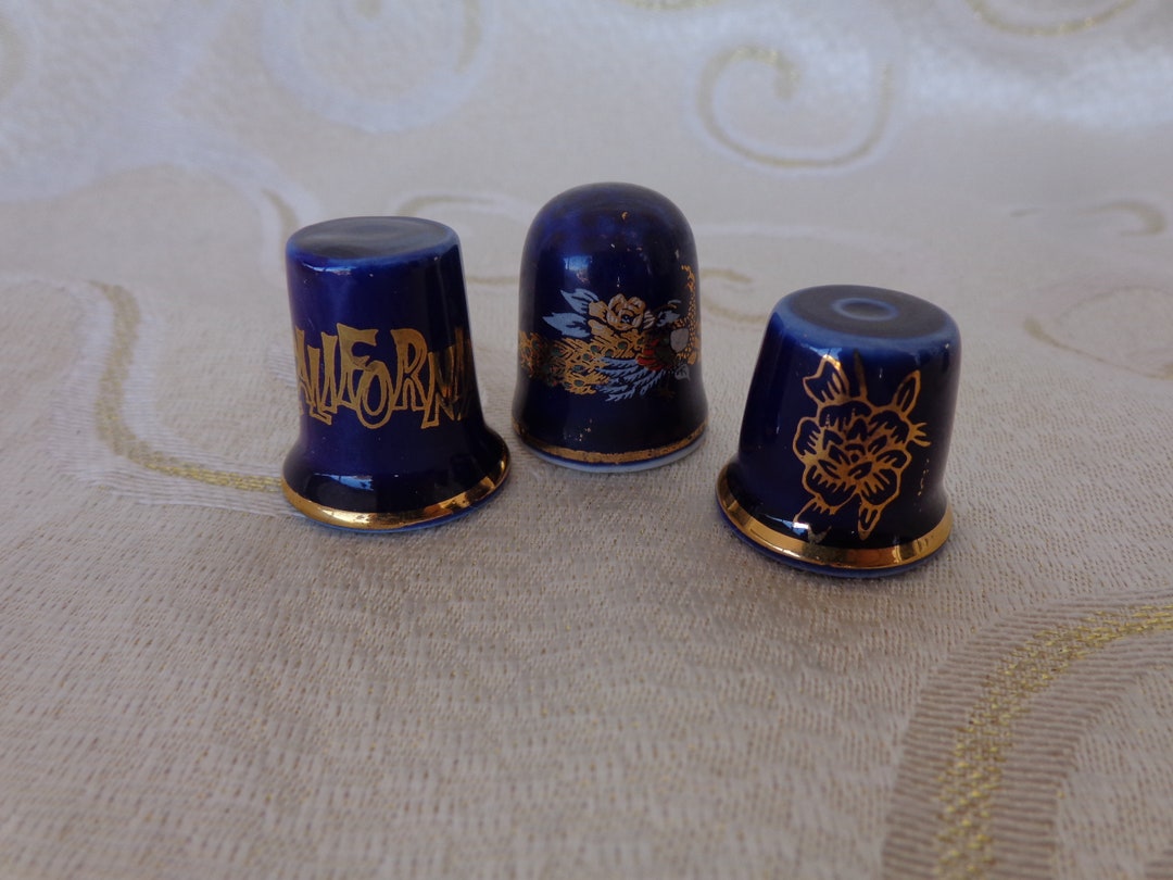 THREE COBALT BLUE Thimbles - Peacock, Floral and Two Sided California ...